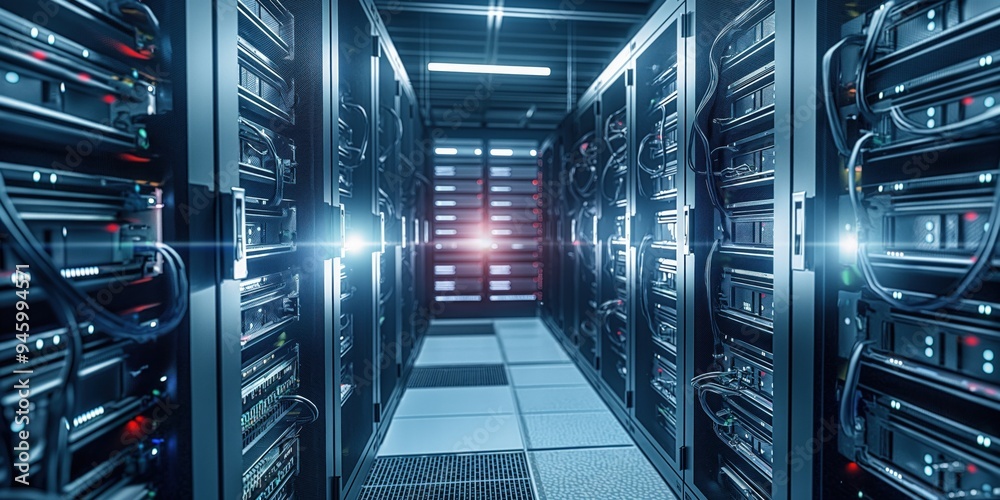 Modern data center with rows of server hardware equipment in a large ...