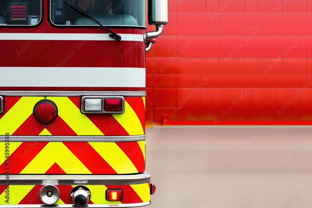 Front view of a fire truck with ladder and warning stripes in bold red ...
