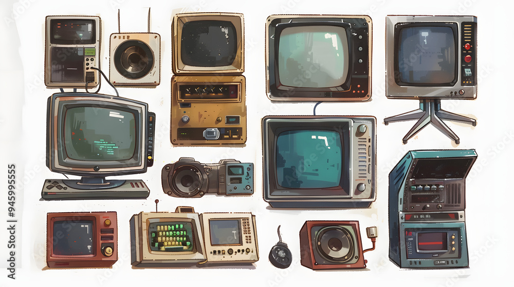 set of old computer devices and monitors, vintage, tech elements ...