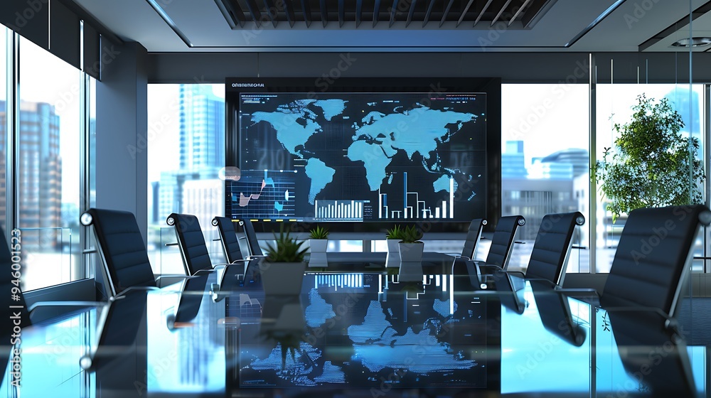 Executive presenting growth graphs and a world map on a large digital ...