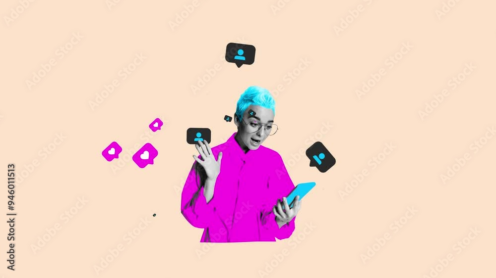 Young girl, smm growing her social media account, flying followers and ...