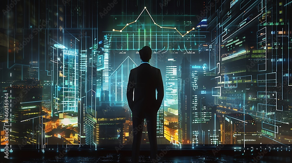 Executive CEO displays a holographic company development chart with a ...