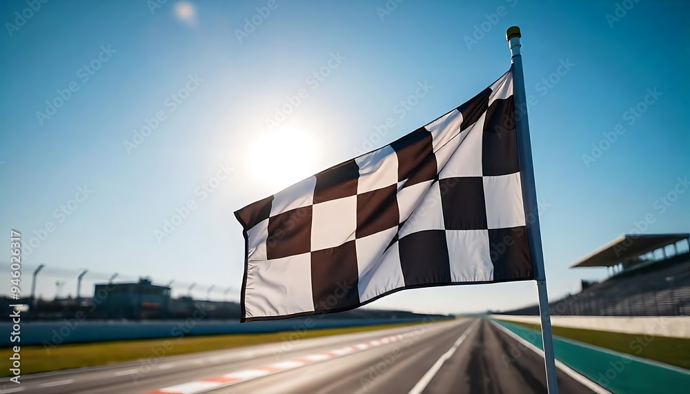 checkered racing flag waving in the wind on a racetrack with a clear blue sky in the background ...