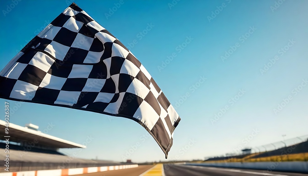 checkered racing flag waving in the wind on a racetrack with a clear blue sky in the background ...