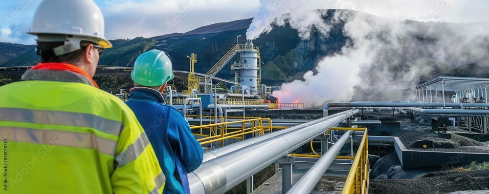 Two engineers in safety gear inspect heavy industry pipes and ...