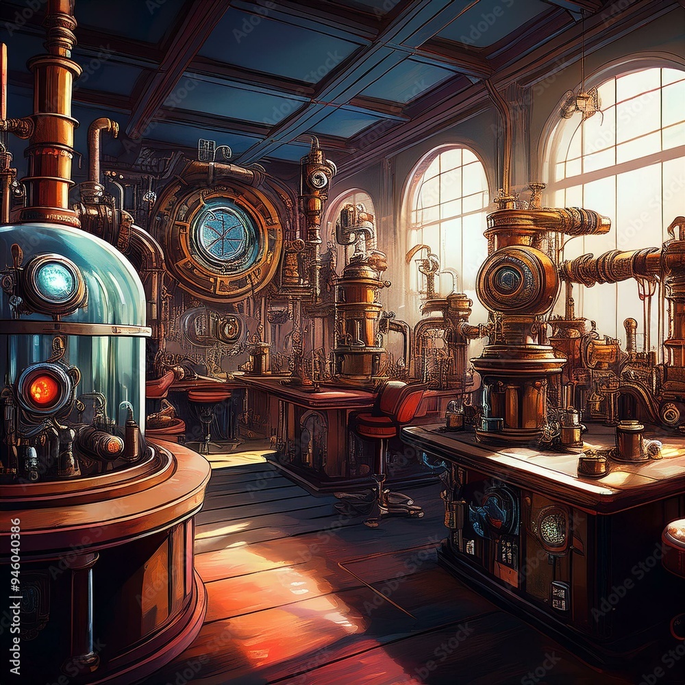 Steampunk lab, old science laboratory with steam engines, digital ...