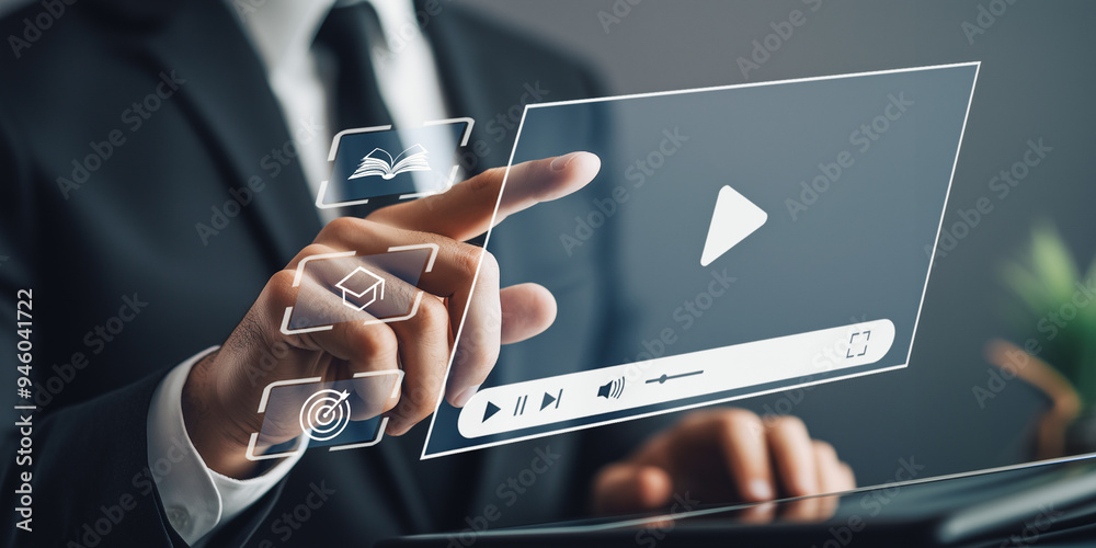 Business professional using a futuristic digital interface to interact ...