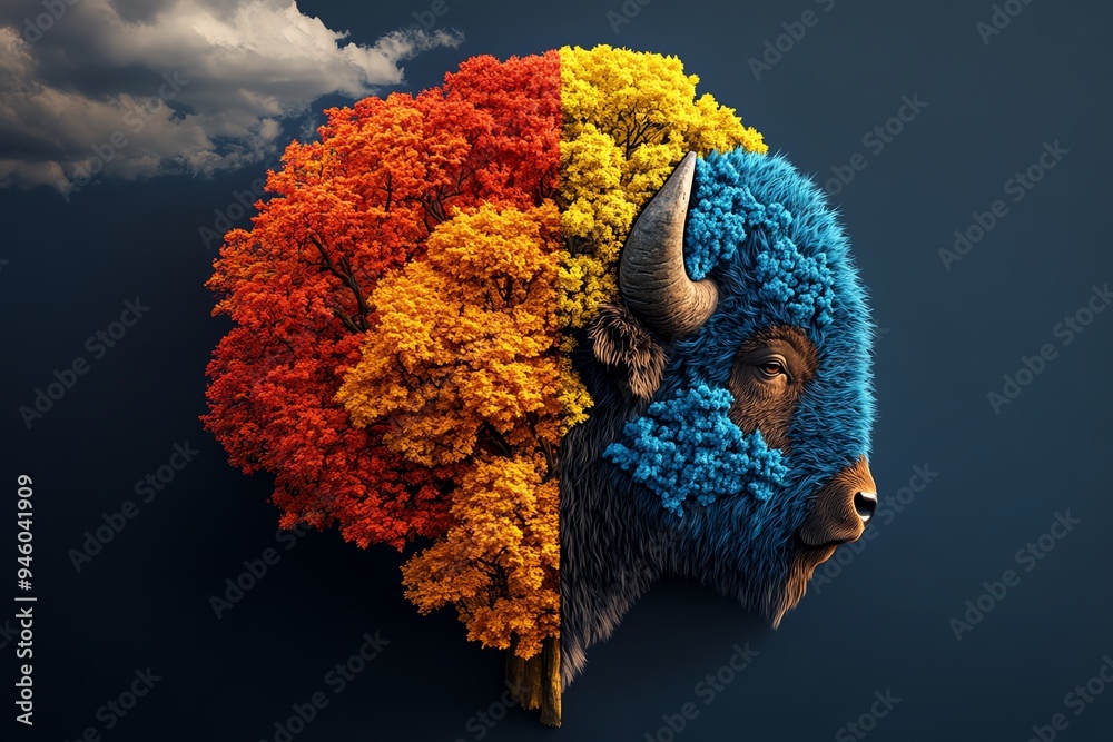 Bison and the changing seasons, illustrated with the colors of autumn ...