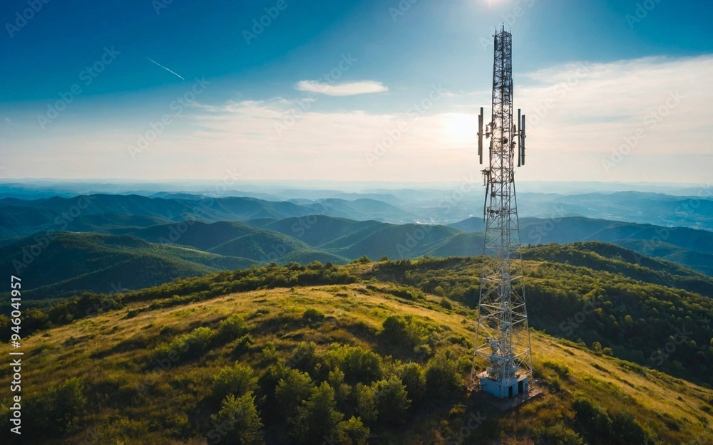 Signal tower antenna on mountain hill in rural nature. Wireless radio ...
