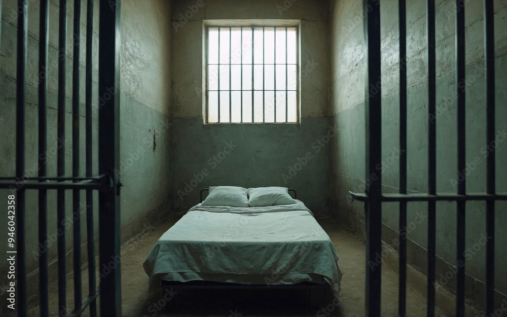 Nobody in empty prison or jail cell interior with bed and window, iron ...