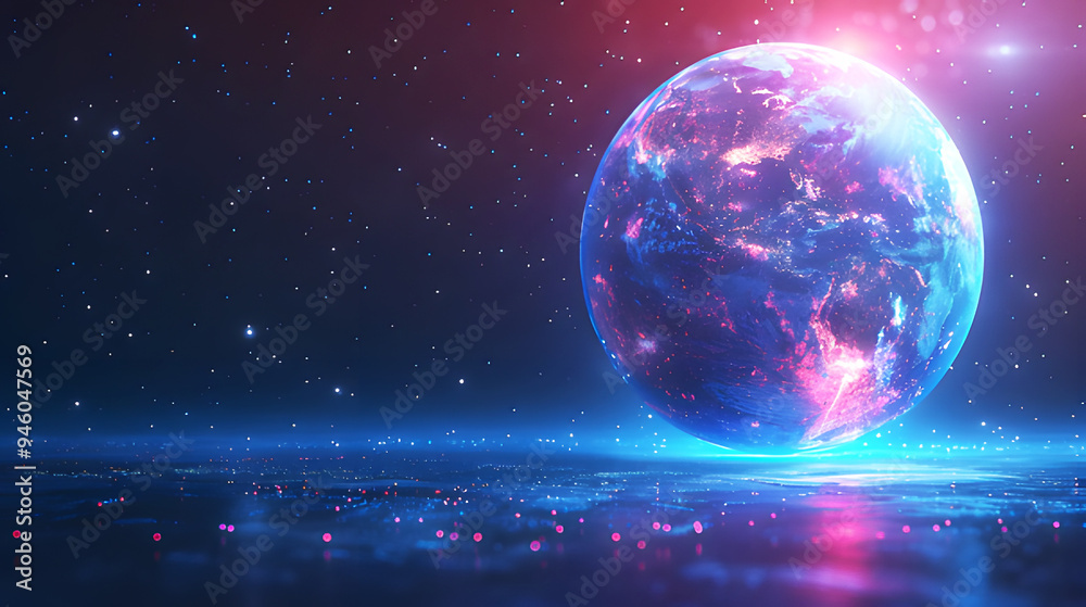 Holographic of digital Earth display on blue is background. Earth globe ...