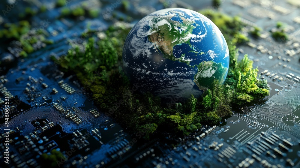 An electric globe built from circuit boards and microchips, symbolizing ...