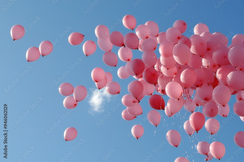 Pink Balloon Release: A skyward view of dozens of pink balloons being ...