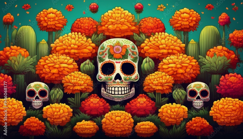 Pixel art Day of the Dead celebration with skulls and marigolds. Stock ...