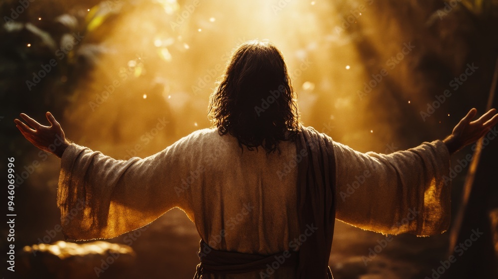 Jesus welcomes repentant sinners. Viewed from behind, Jesus stands with ...