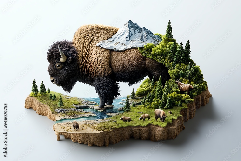 Bison as part of a larger ecosystem, illustrated with other wildlife ...