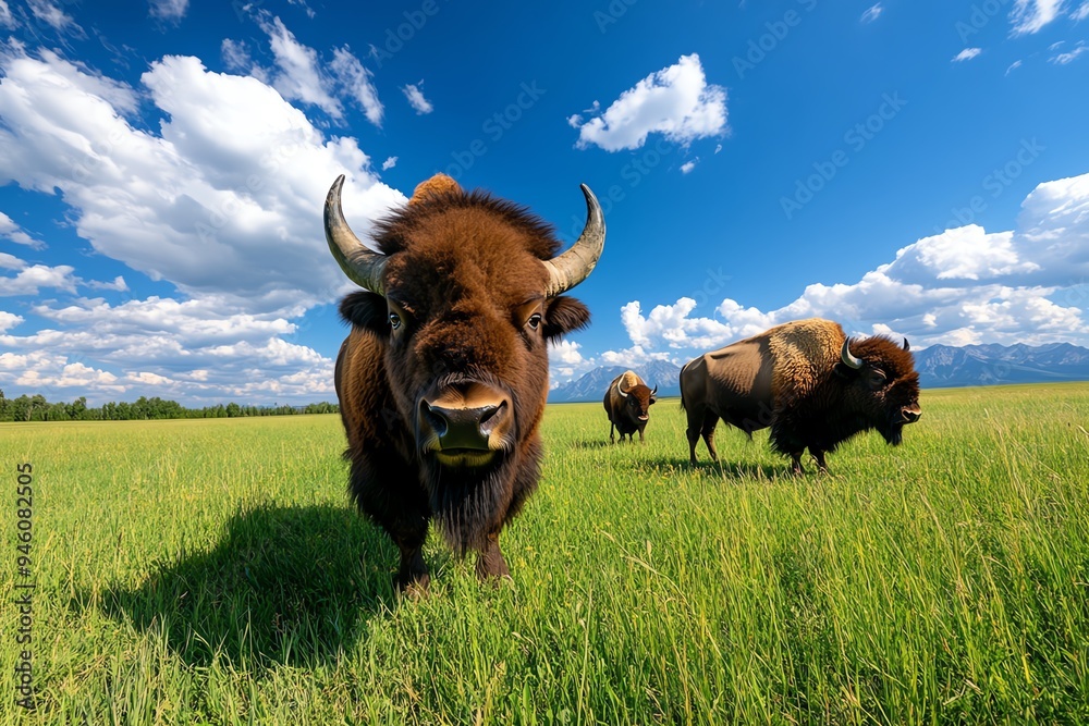 Bison in a landscape of open fields, captured in a photo that ...