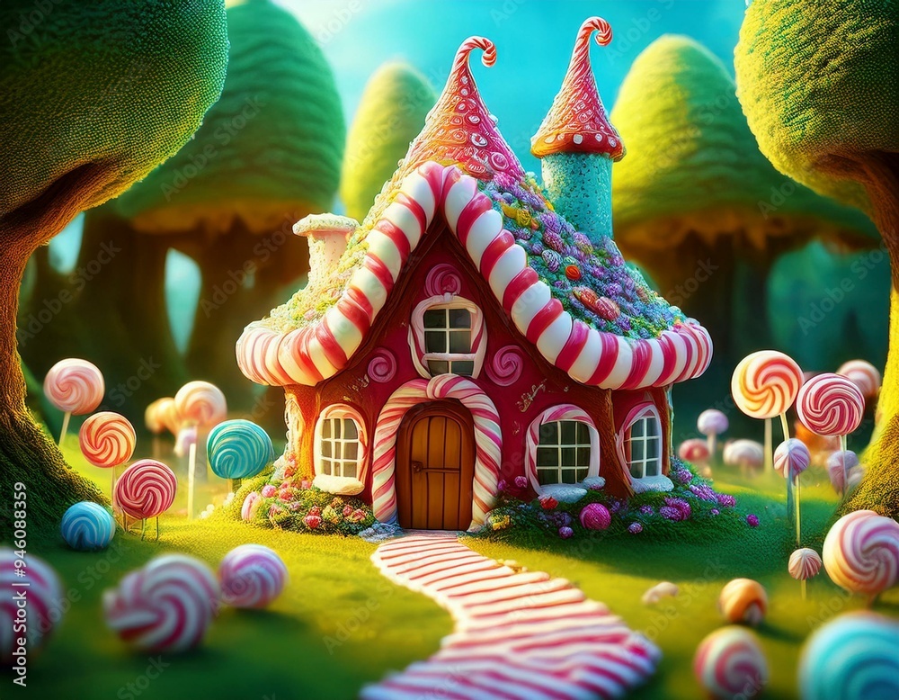 House made of candy in enchanted forest of fantasy world, 3D ...