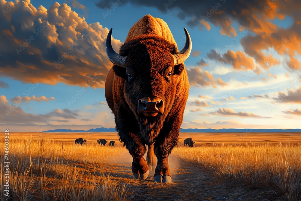 Bison roaming the wide horizons, depicted in a painting that captures ...