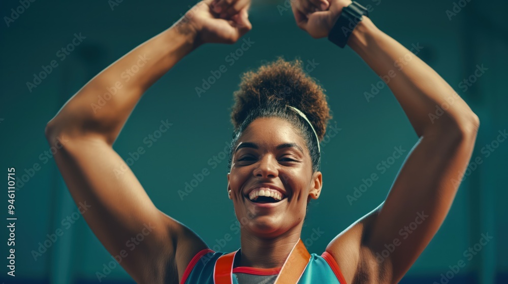 Female athlete in black activewear stands triumphantly holding a gold ...