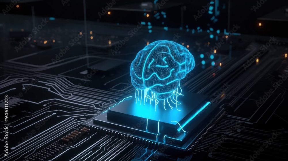 Close-up of glowing blue brain circuit on microchip connected to ...