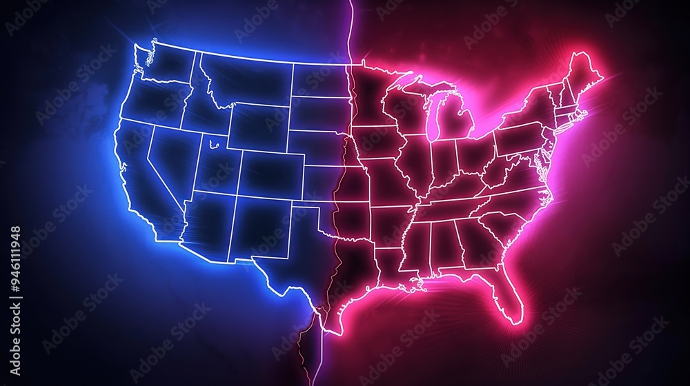 Map of the United States glows in neon red and blue, symbolizing a ...