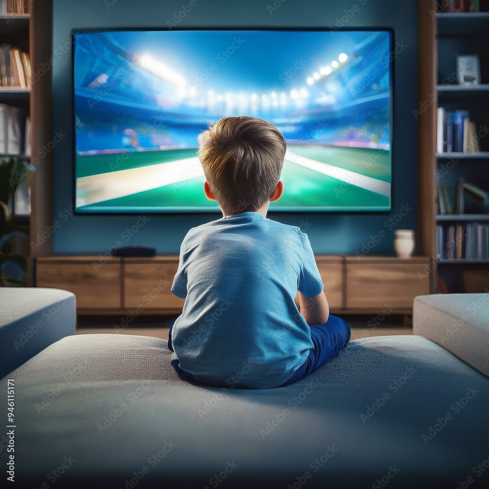 Boy watching TV in the room, Boy on his back watching television Stock ...