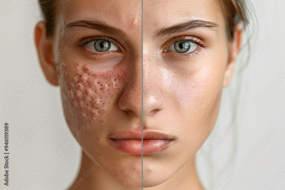 Before after concept of female face with acne on left side, clear skin ...