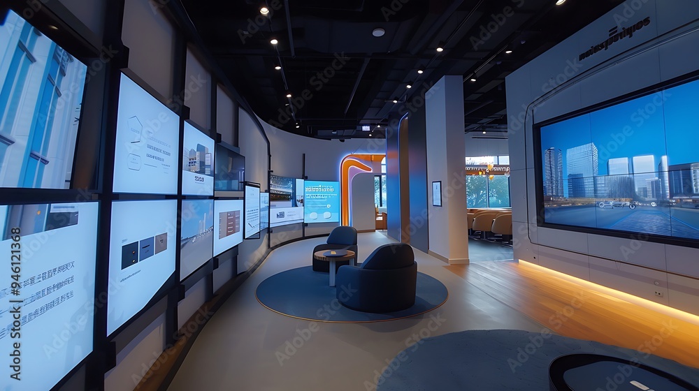 Exhibition spaces with modern décor and bright lighting, featuring ...