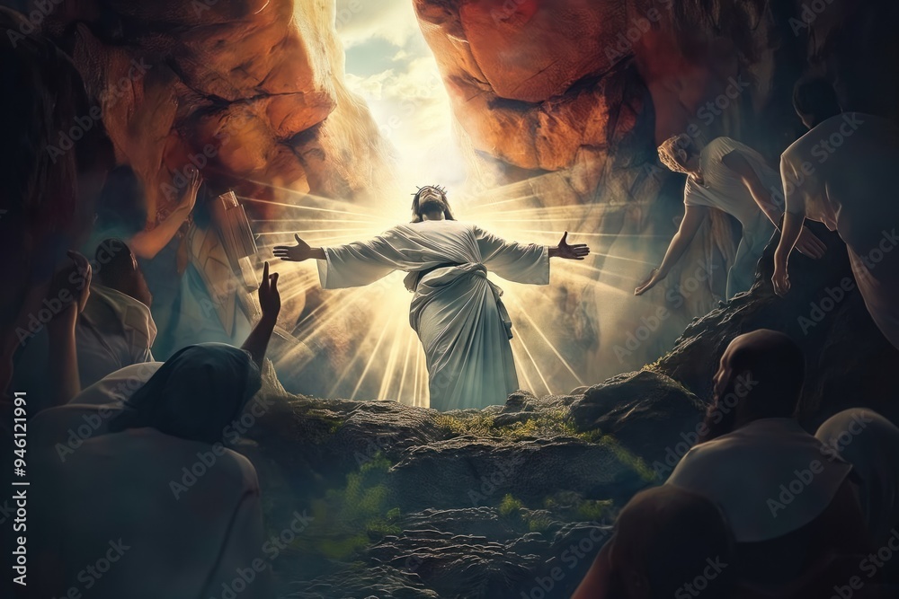 Jesus Christ rises from dead in Christian artwork. Of resurrection ...