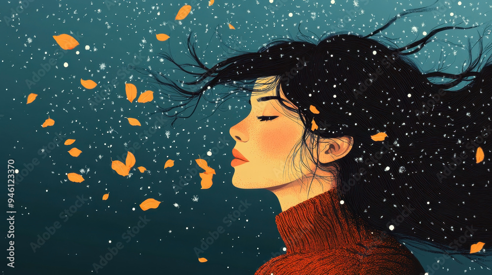 Sad young girl with closed eyes surrounded by autumn leaves on a blue ...