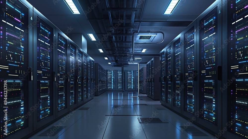 Modern data center filled with rack servers and supercomputers ...