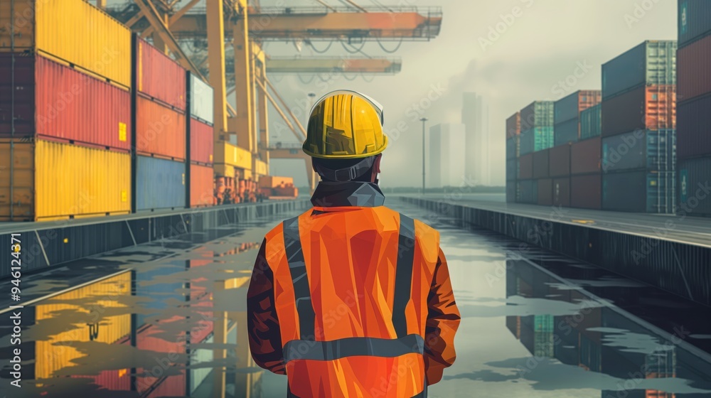 Port worker wears safety vest and protective helmet inspecting harbor ...