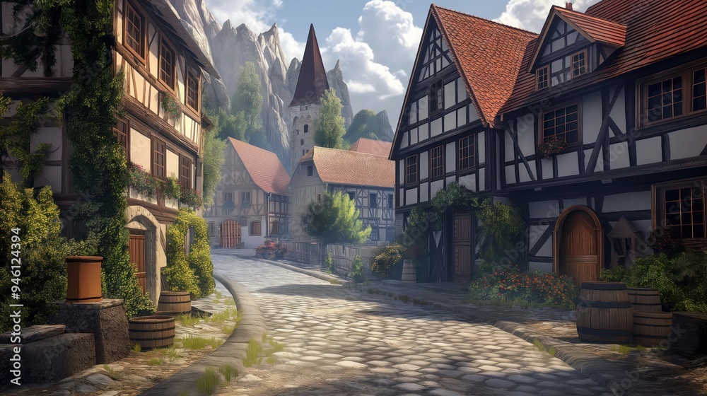 German medieval village with half-timbered houses on cobblestone ...