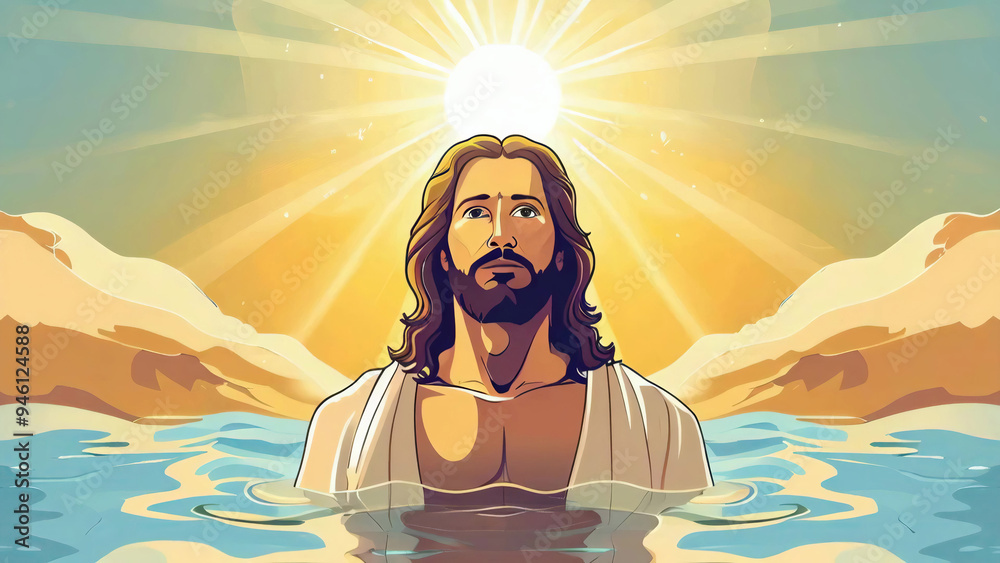 Baptism of Jesus Christ in the Jordan River depicted in a flat cartoon ...