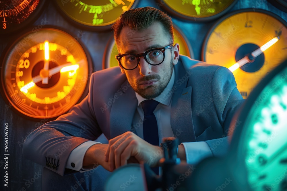 Businessman standing in front of risk management matrix with ...