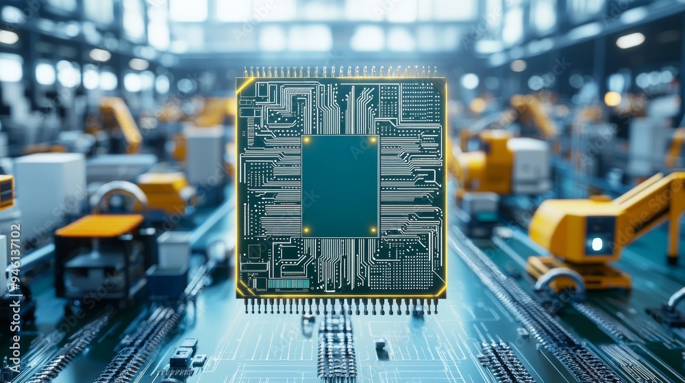 Microchip displayed in focus within a hightech, automated manufacturing ...