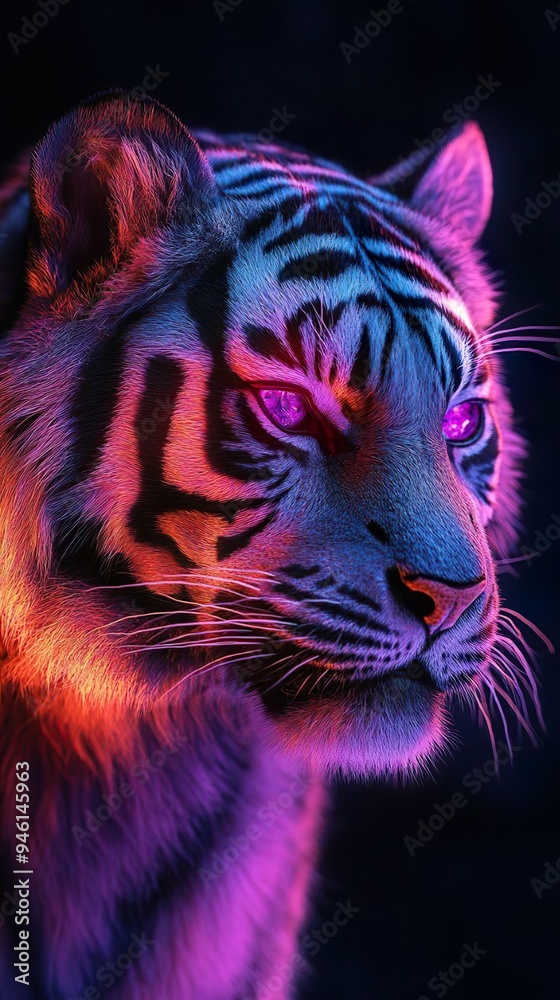 Neon light artwork of a tiger face, brilliantly illuminating the animal ...