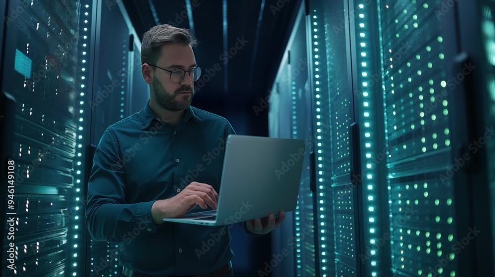 Caucasian male IT pro works on laptop in digital data center room ...