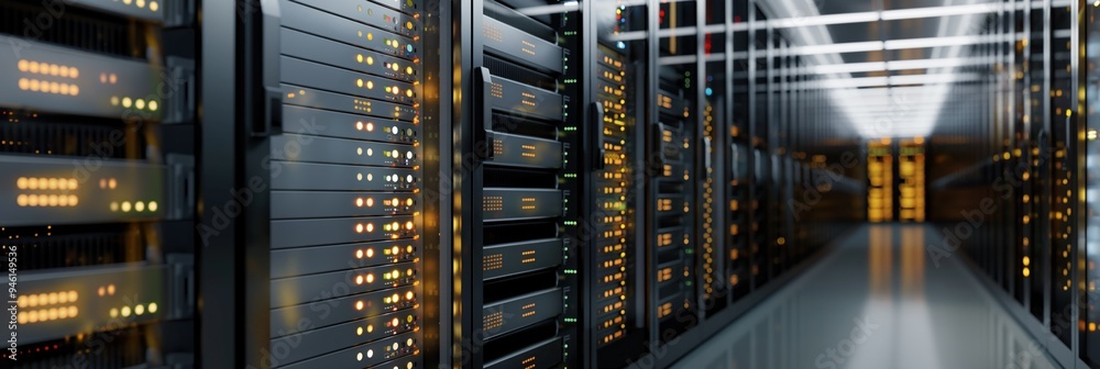 High-tech server room data center with rows of computer racks storing vast amounts of ...