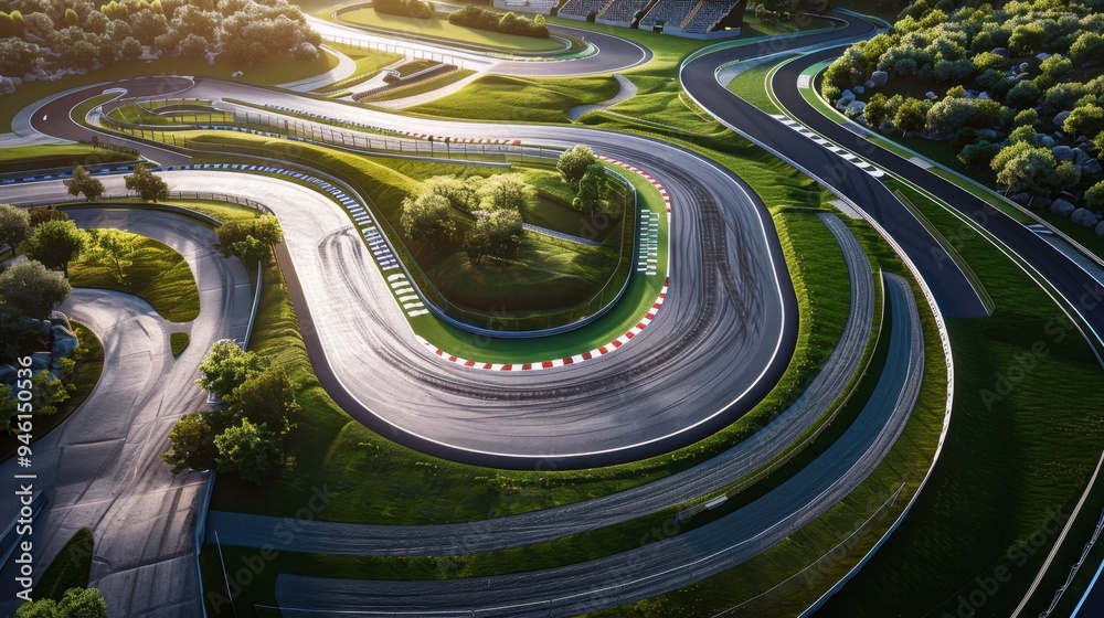 Top view of a motorsport stadium with an empty race track curving ...