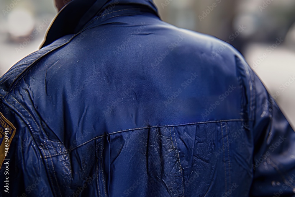 Close-up of security guard blue jacket with yellow text. Word ecurity ...