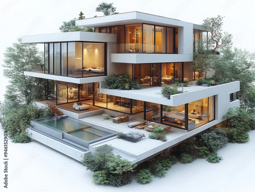 3d architectural rendering of modern house plan wireframe overlay ...