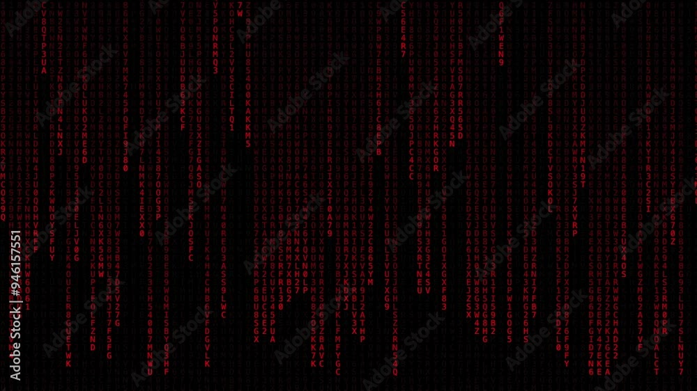 English Alphanumeric character. Hacker attack. Red code on black background. Moving digits on ...