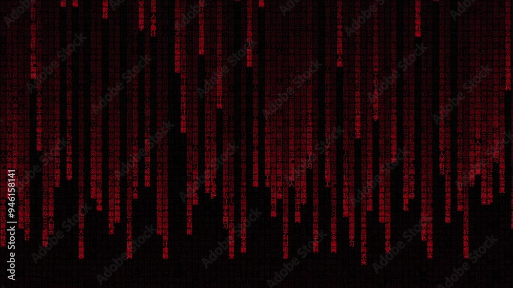 Chinese character. Hacker attack. Red code on black background. Moving digits on screen. Concept ...