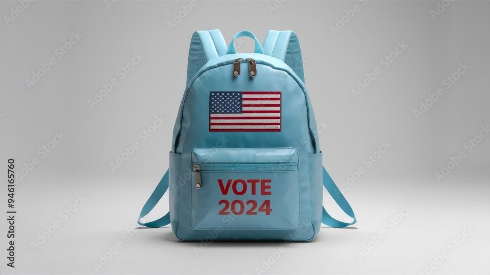 Light blue backpack with USA flag colors and "Vote 2024" text ...