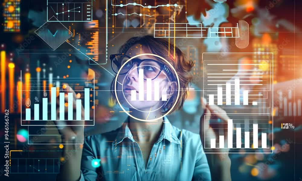 A dedicated analyst engages with dynamic graphs and vibrant data ...