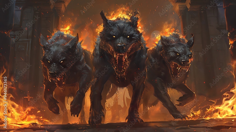 Cerberus, the three-headed hellhound, guarding the gates of the ...