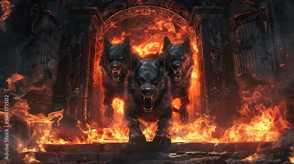Cerberus, the three-headed hellhound, guarding the gates of the ...