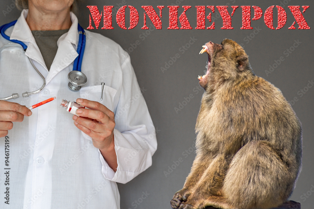 Monkeypox mpox image of a doctor with a vaccine. A Monkey bares its ...